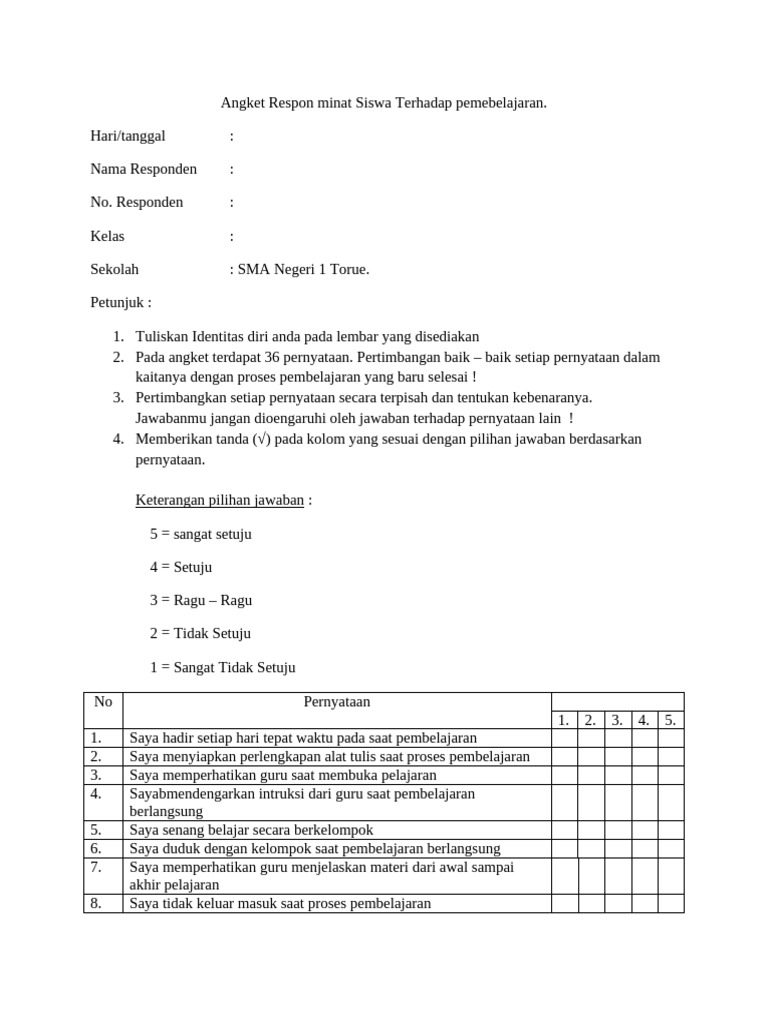 Angket Respon Minat Siswa Terhadap Pemebelajaran | PDF