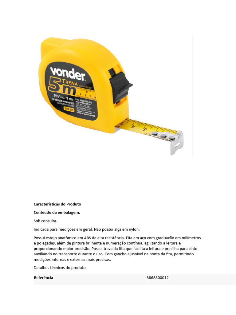 Trena Curta de Aço 5 M X 19 MM, Caixa Com 12, VONDER | PDF