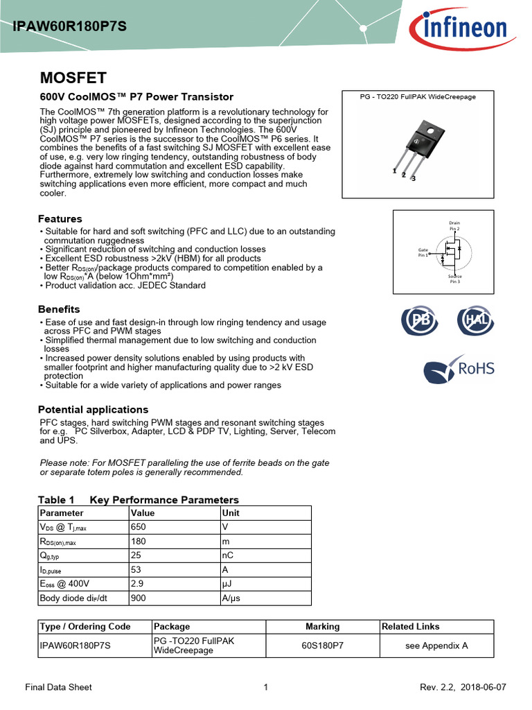 Infineon Ipaw60r180p7s Ds v02 02 en | PDF | Electric Power | Electromagnetism