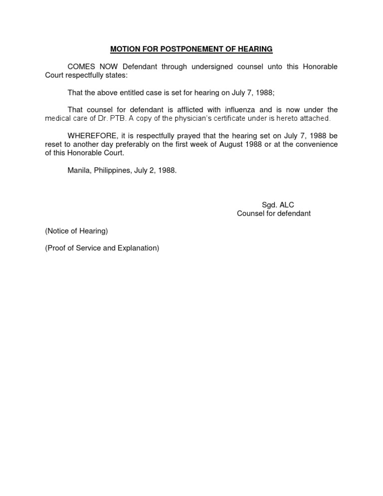 Motion For Postponement of Hearing | PDF