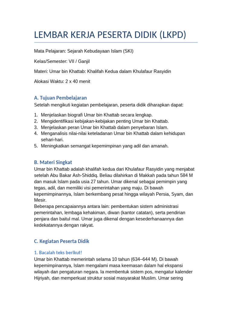 LKPD Umar Bin Khattab Komplit | PDF