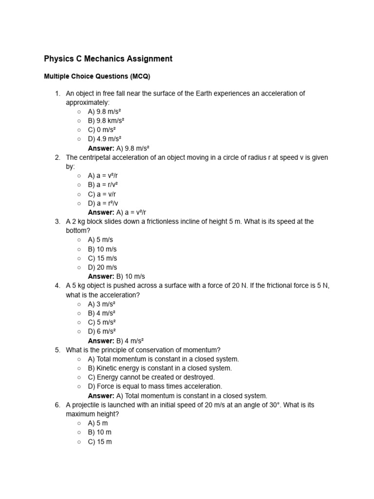 Physics C Mechanics Assignment | PDF | Force | Velocity