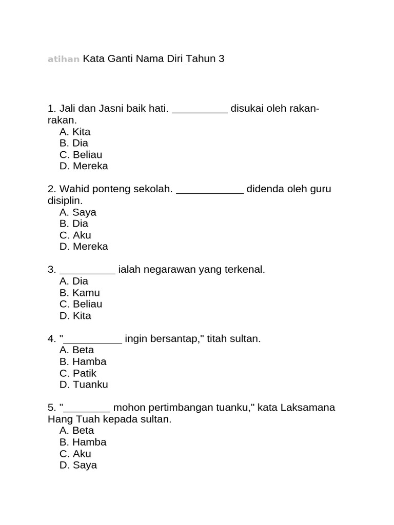 Atihan Kata Ganti Nama Diri (m3 Khamis) | PDF
