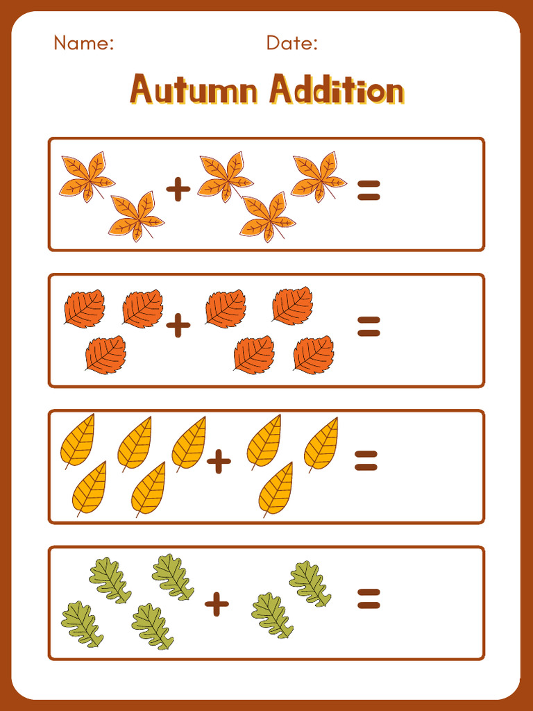 Autumn Addition Worksheet in Brown, Orange, Yellow and Green ...