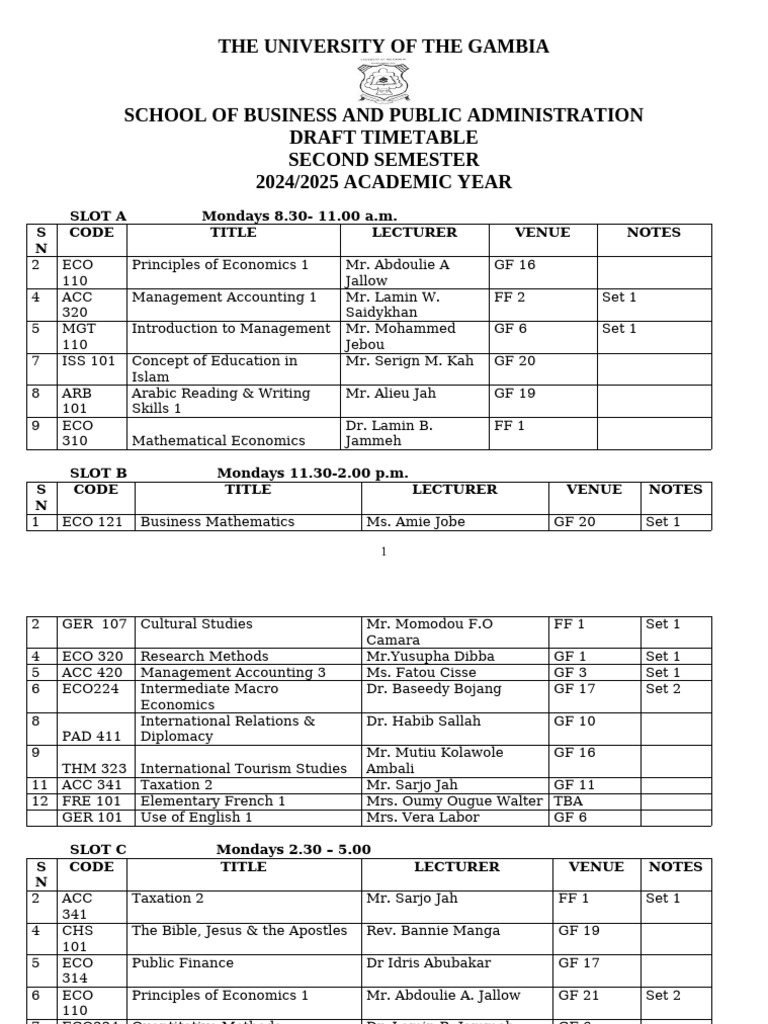 Sbpa 2024-2025 Second Semester Draft Timetable | PDF | Economies | Business