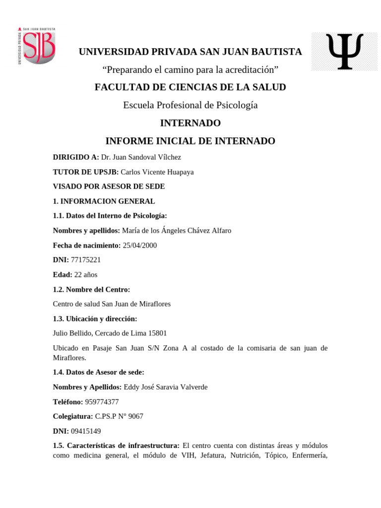 Informe Inicial Internado Acabado | PDF | Trastorno mental | Depresión (estado de ánimo)
