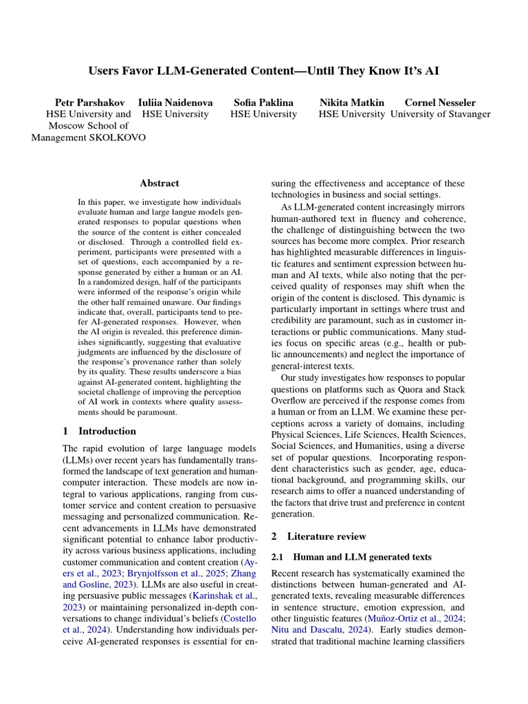 Users Favor LLM Generated Content Until They Know It S AI 1743372496 | PDF | Regression Analysis ...