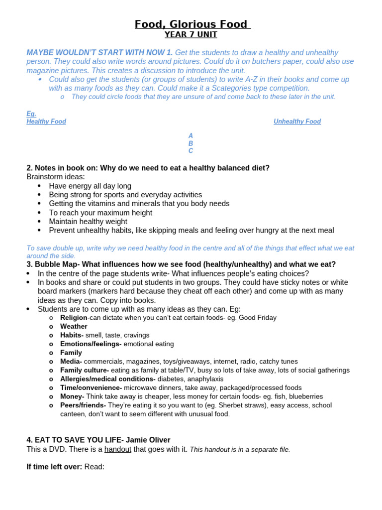 Year 7 Healthy Eating Unit Guide | PDF | Foods | Sugar Substitute