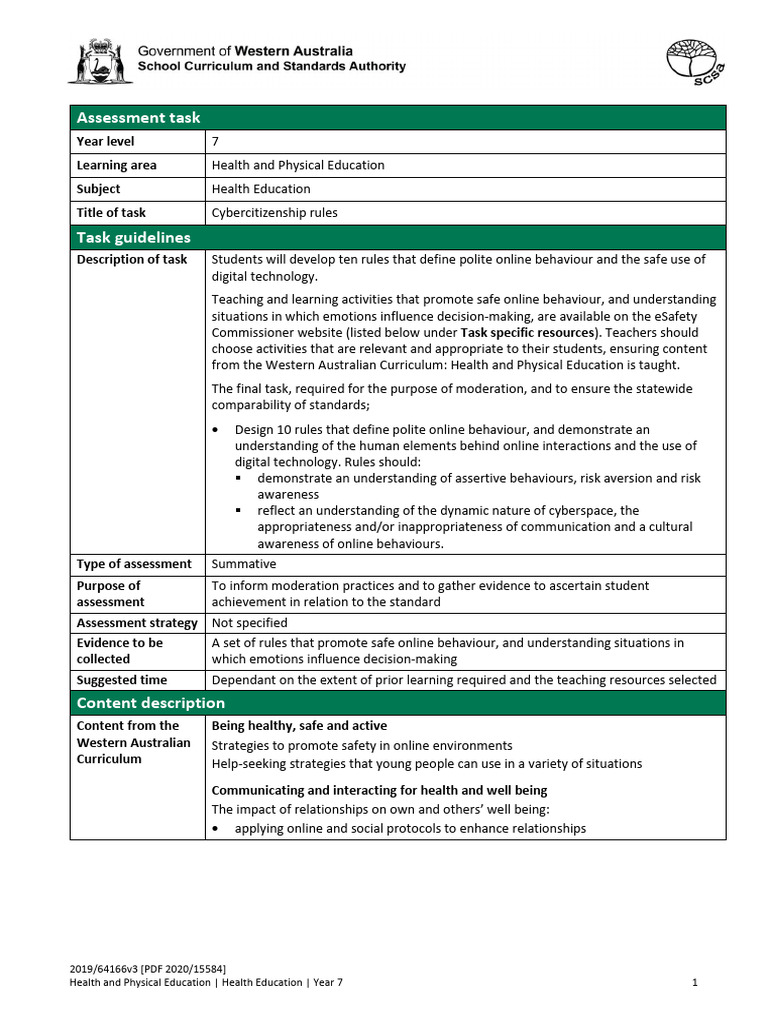 2020 Year 7 Health Education Task and Marking Key Online Safety | PDF ...