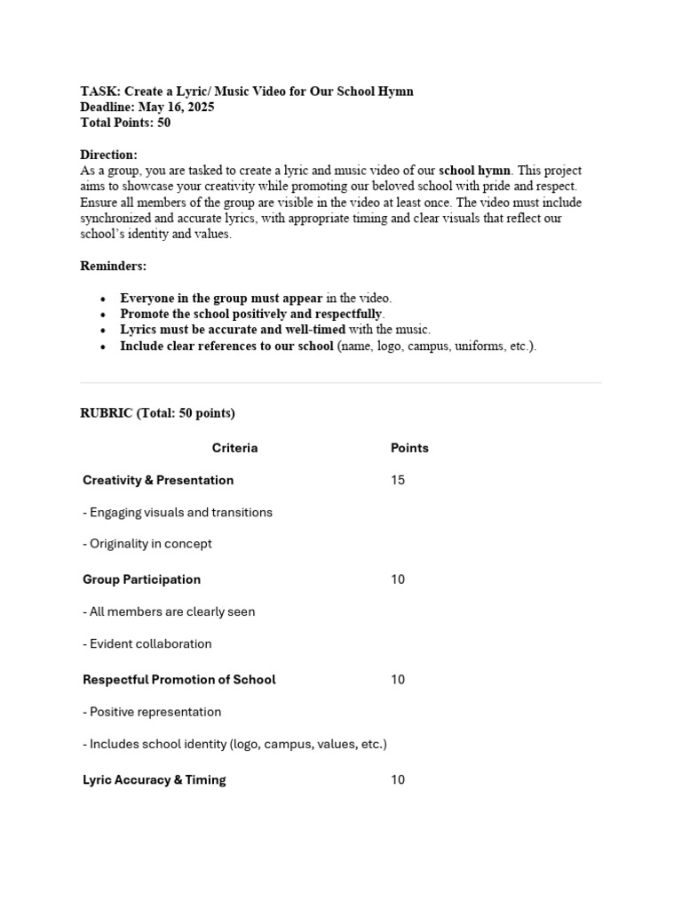 School Hymn Video Project Guidelines | PDF