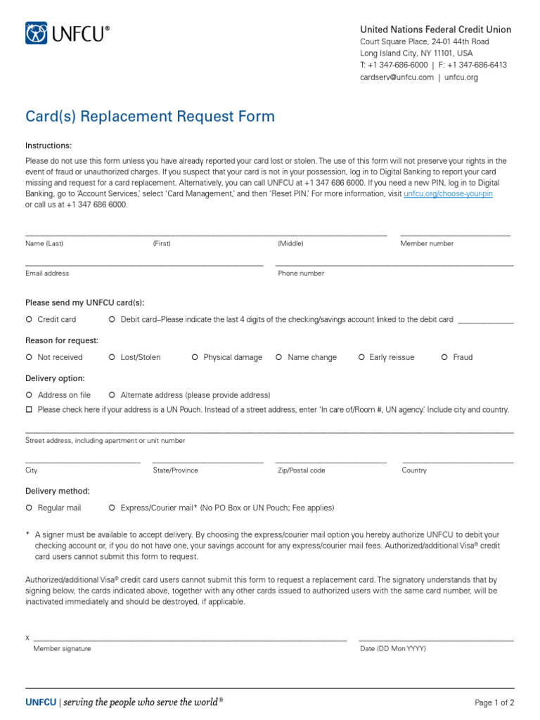 UNFCU Card Replacement Request Form | PDF | Mail | Debit Card