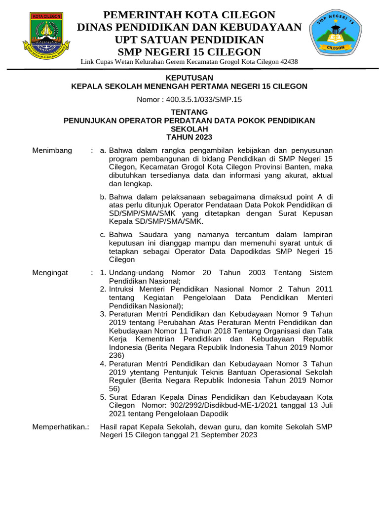 SK Operator Pengangkatan Dapodik | PDF