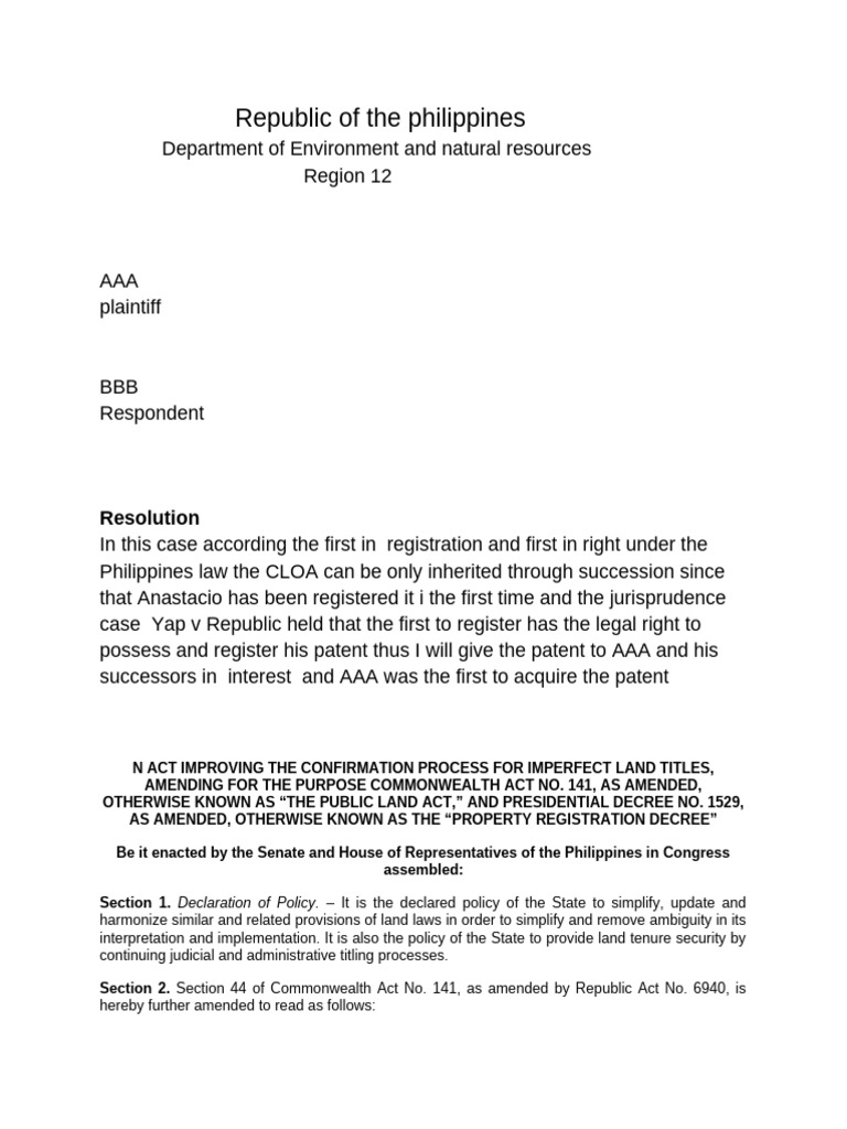 Resolution Land Denr Vince X | PDF | Public Law | Legal Documents