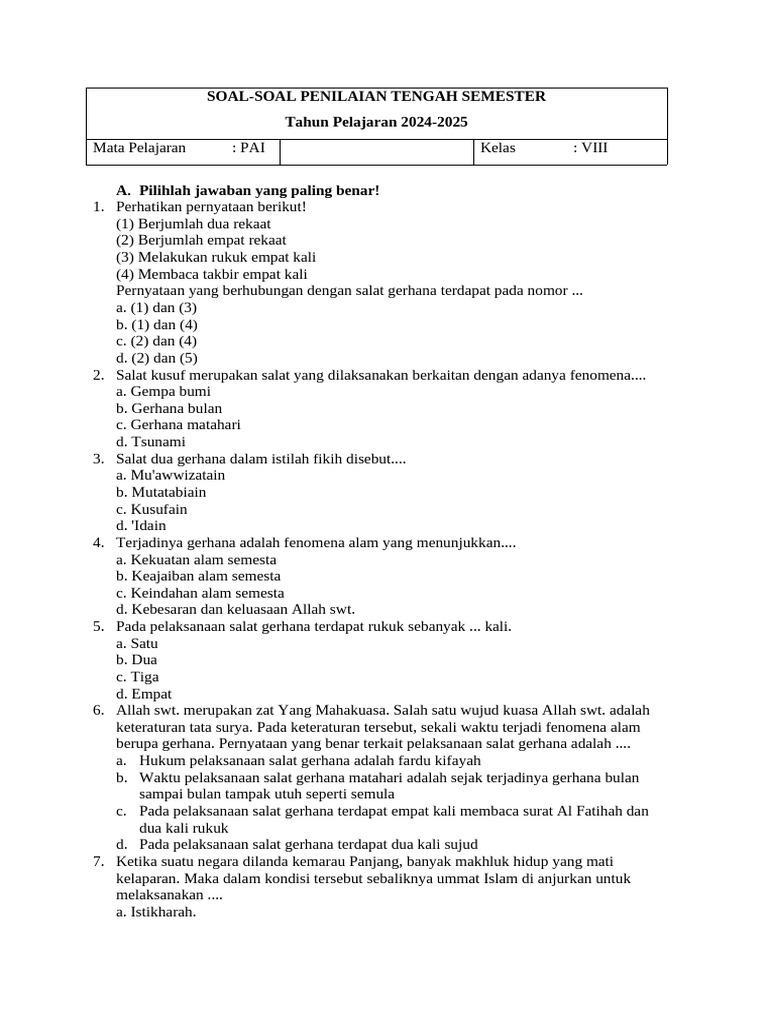 Soal Pts Pai Kelas 8 Semster 1 (2024 - 2025) | PDF