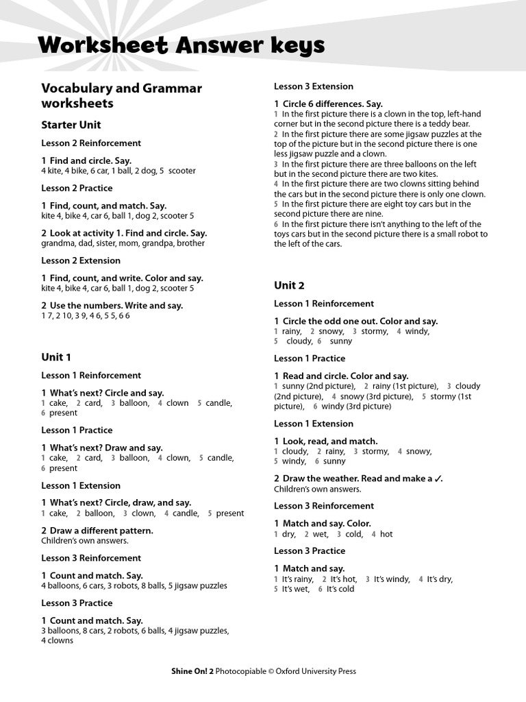 Shine On Plus 2 - Worksheets answerkeys | PDF