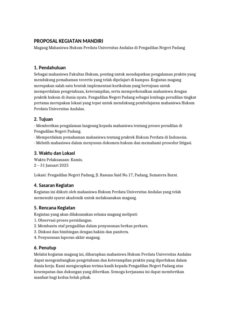 Proposal Kegiatan Magang Hukum Perdata Unand | PDF