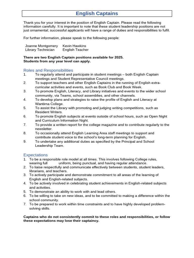 English Captain Application 2025 | PDF | Curriculum | Leadership