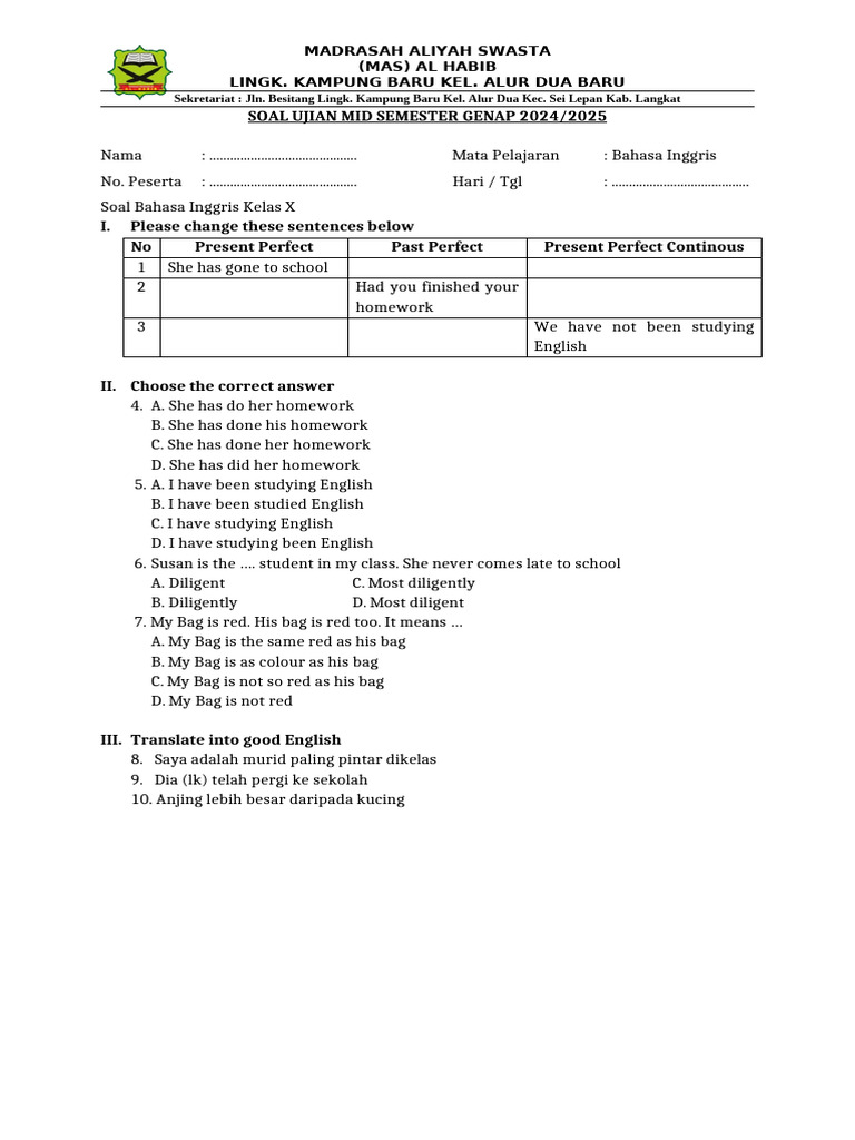 SOAL UJIAN MID SEMESTER GENAP BAHASA INGGRIS 2024 Kelas 10 | PDF