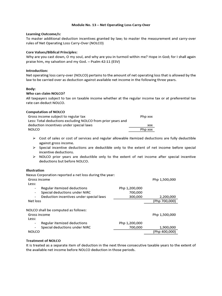Module No 13 - Net Operating Loss Carry Over | PDF | Tax Deduction ...