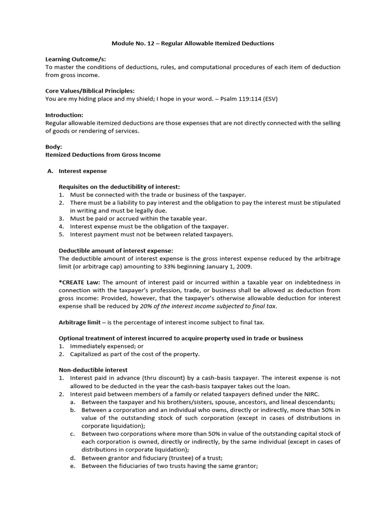 Module No 12 - Regular Allowable Itemized Deductions | PDF | Tax Deduction | Expense