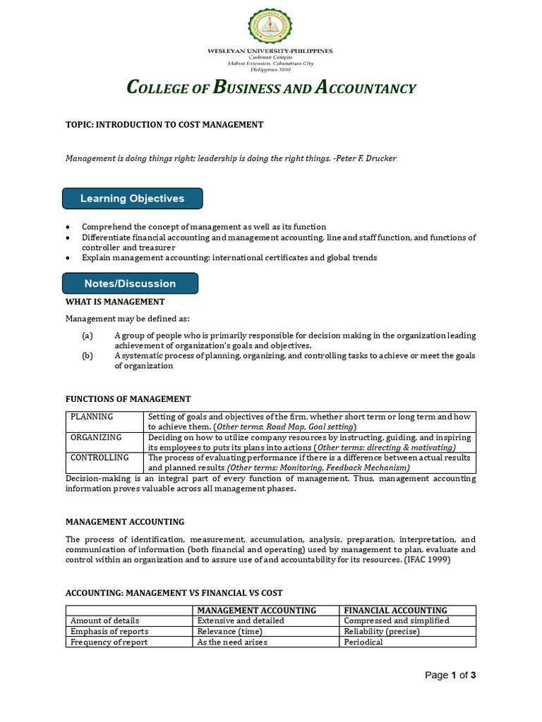 Introduction to Cost Management Concepts | PDF | Management Accounting ...