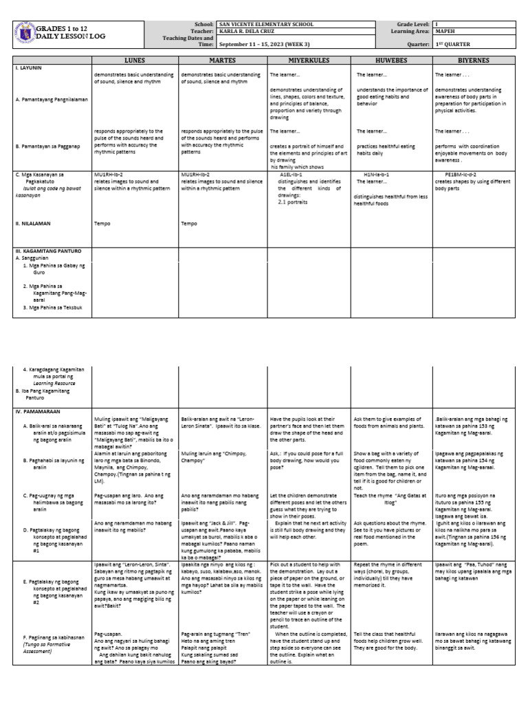 DLL - Mapeh 1 - Q1 - W3 | PDF