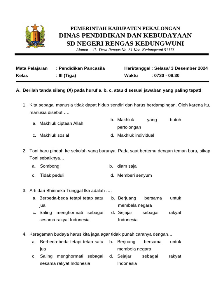 Soal Asas Ganjil Pend. Pancasila Kelas 3 | PDF