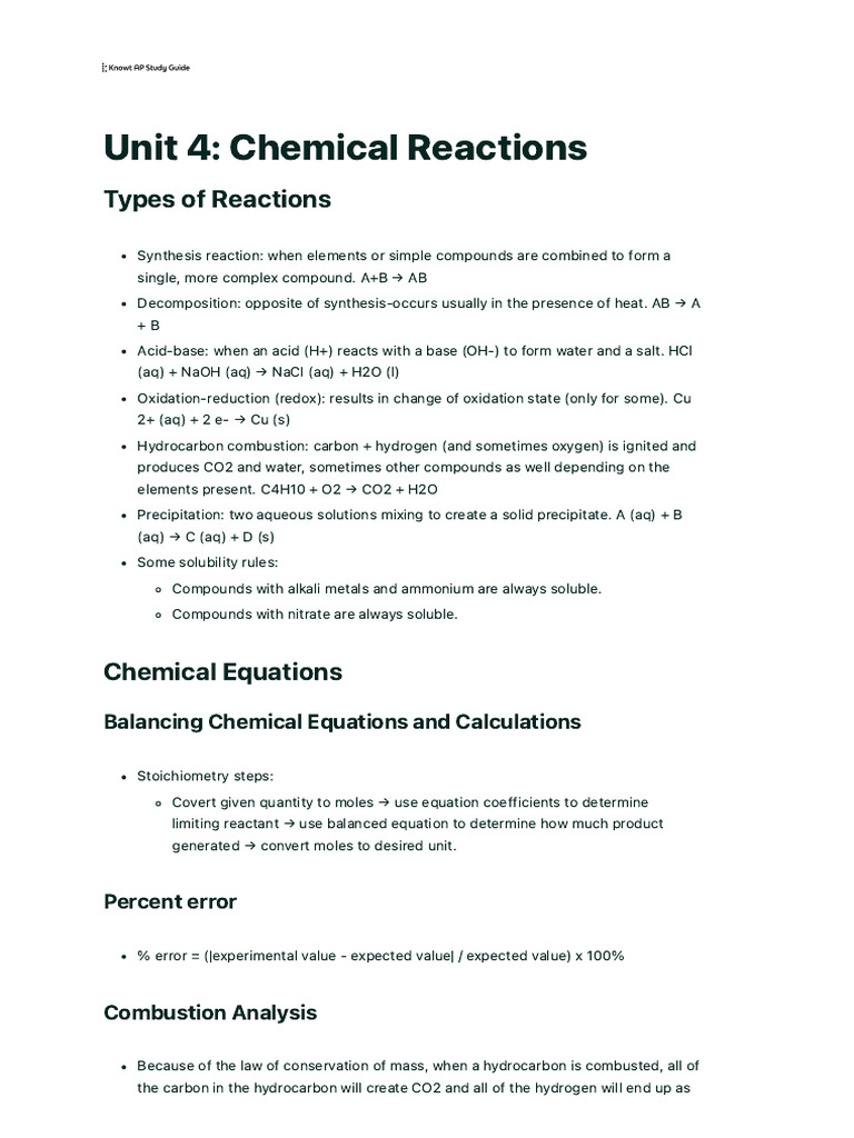 Unit 4 Chemical Reactions Notes | PDF | Chemical Reactions | Redox