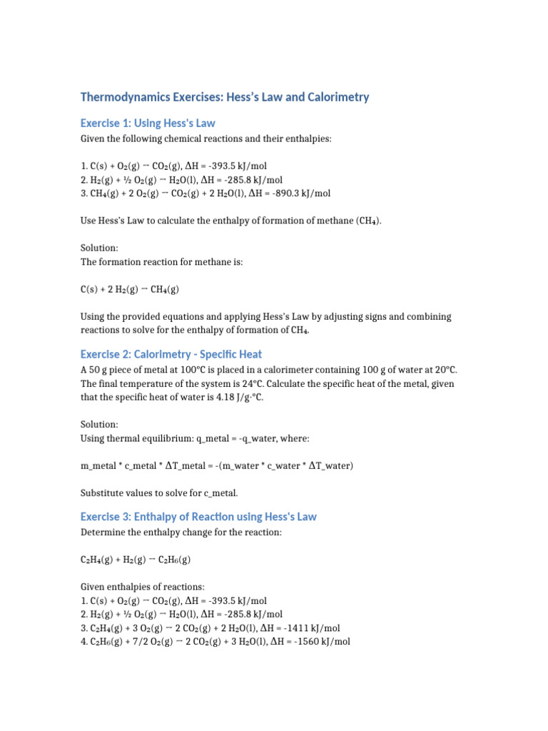 Thermodynamics_Exercises_Hess_Calorimetry | PDF