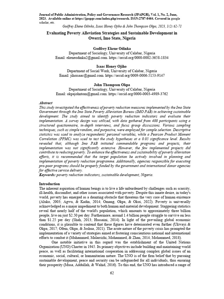 Evaluating Poverty Alleviation Strategies and Sustainable Development in Owerri, Imo State ...