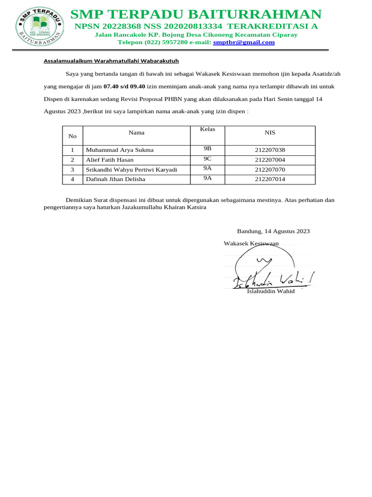 Surat Dispen Membuat Revisi Proposal PHBN | PDF