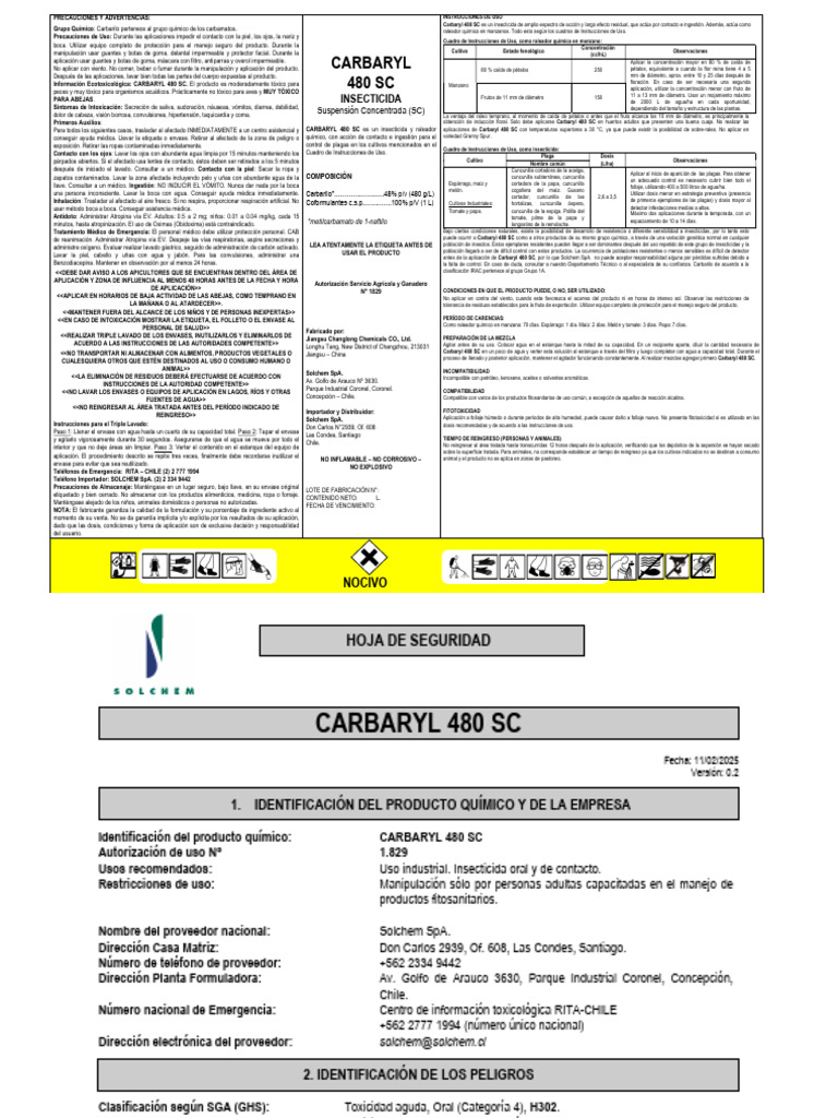 Insecticida Carbaryl 480 SC: Uso y Precauciones | PDF | Agua ...