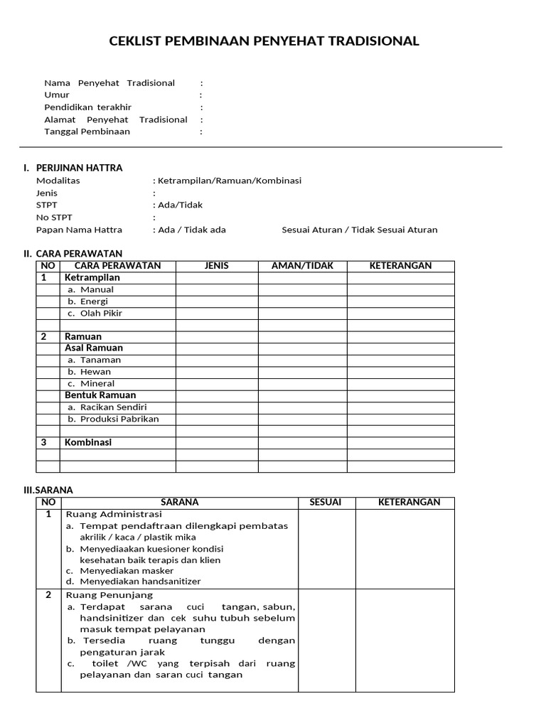 Ceklist Pembinaan Penyehat Tradisional - Di Era New Normal N | PDF
