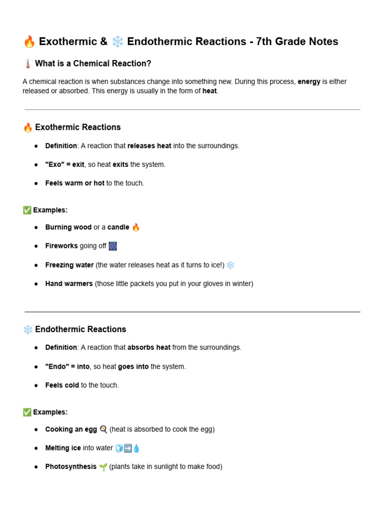 ? Exothermic & Endothermic Reactions - 7th Grade Notes | PDF