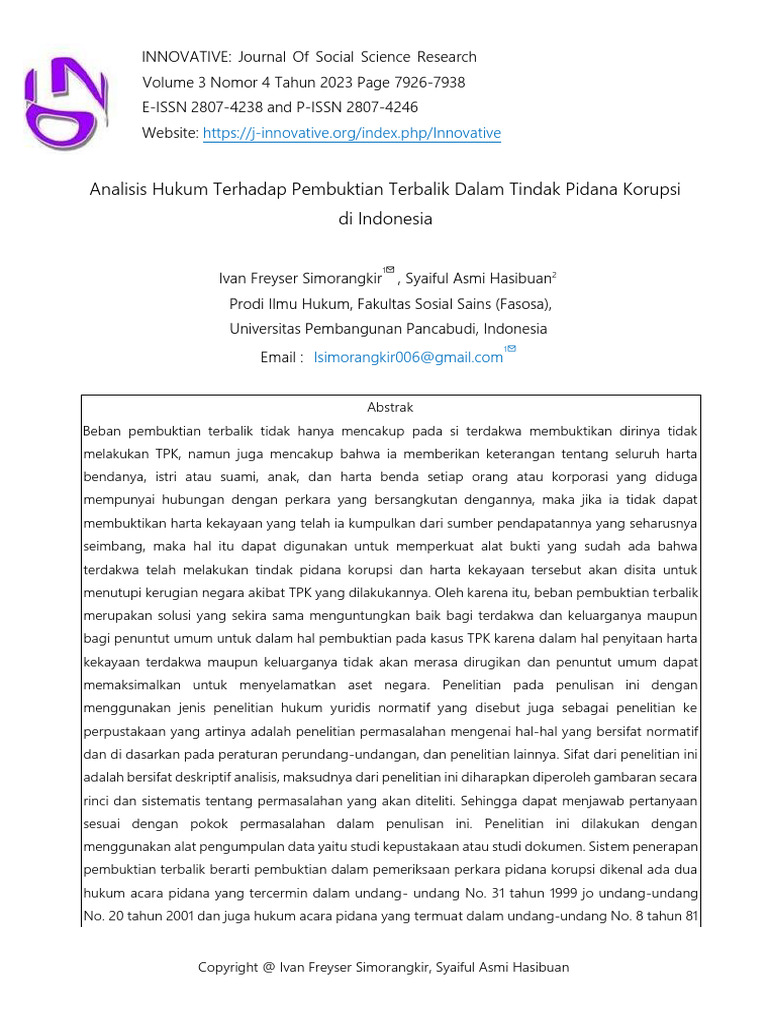 Analisis Hukum Terhadap Pembuktian Terbalik Dalam Tindak Pidana Korupsi __di Indonesia | PDF