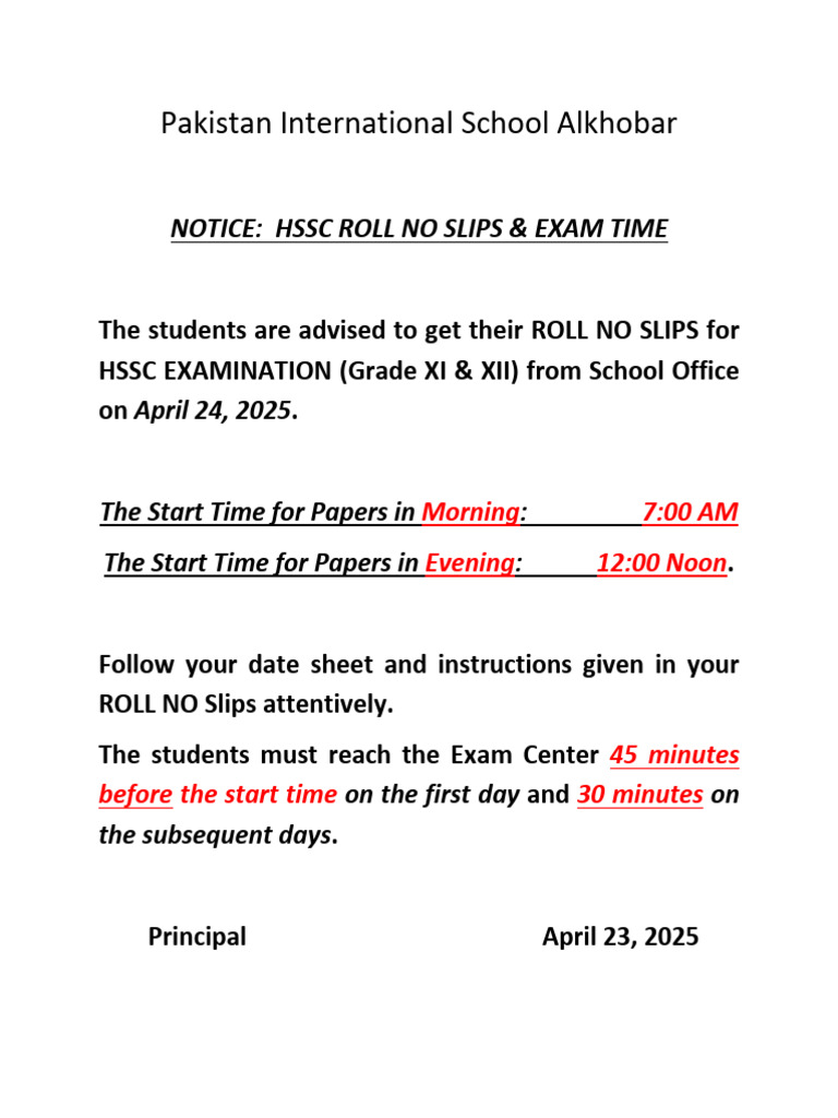 HSSC Roll No Slips & Exam Schedule | PDF