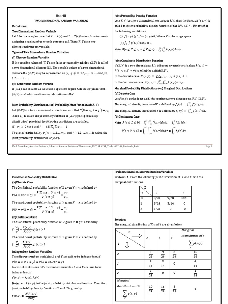 Unit-3-Two Dimension Random Variable | PDF | Probability Distribution | Probability Density Function