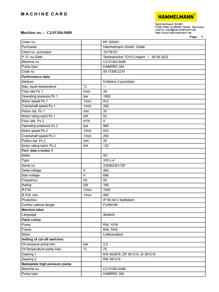 Hammelmann HAMPRO 304 Machine Card | PDF | Pump | Mechanical Engineering
