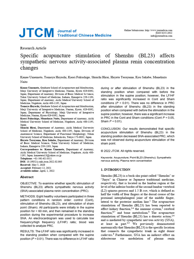 Specific Acupuncture Stimulation of Shenshu (BL23) Affects | PDF