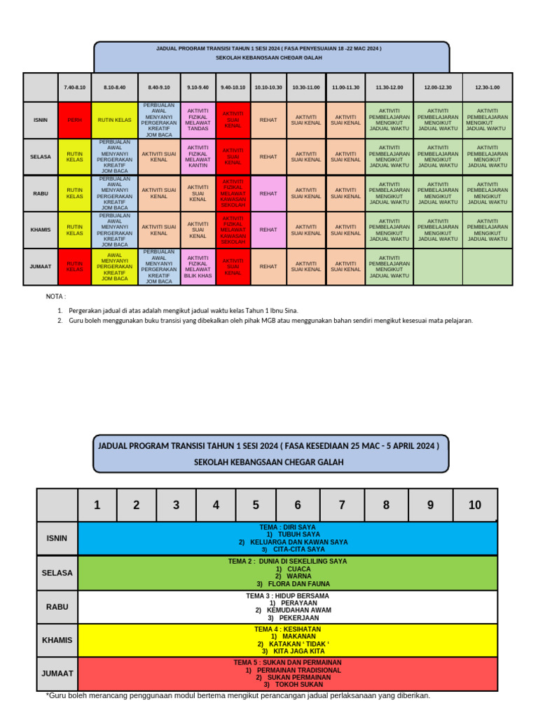 Jadual Program Transisi Tahun 1 Sesi 2024 | PDF