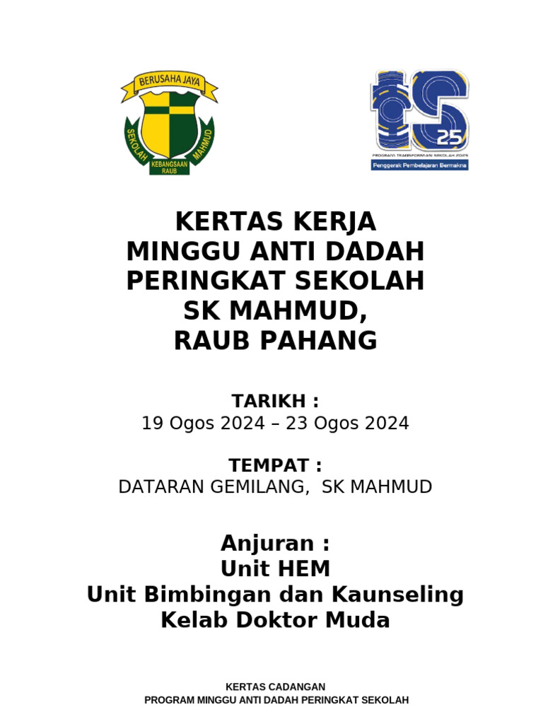 Kertas Kerja Minggu Anti Dadah SK Mahmud 2024 | PDF