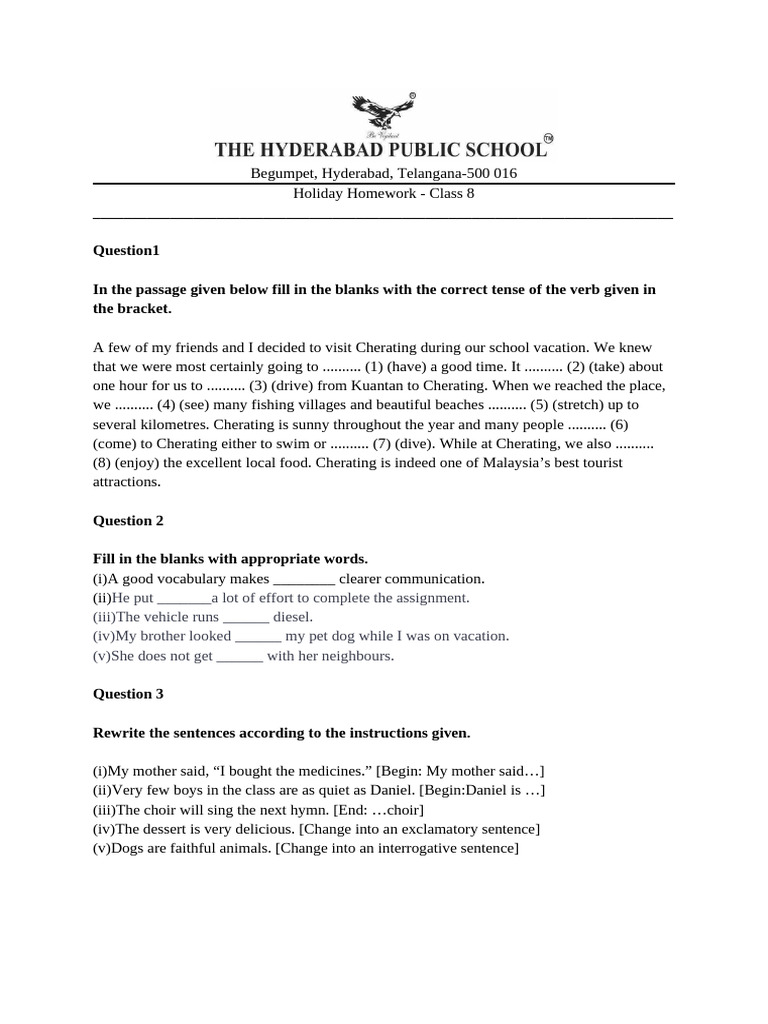 Holiday Homework - Class 8 | PDF