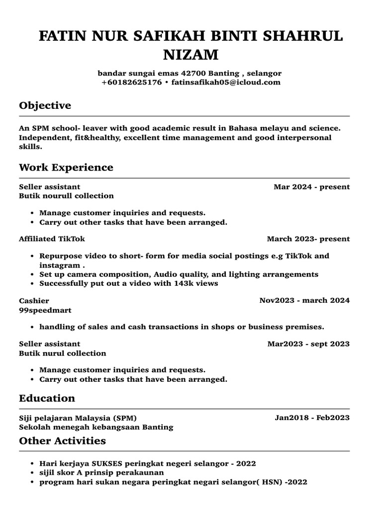 Resume Fatin Nur Safikah Binti Shahrul Nizam | PDF