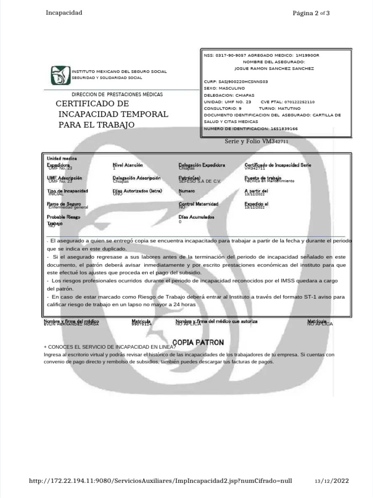 Certificado de Incapacidad IMSS | PDF