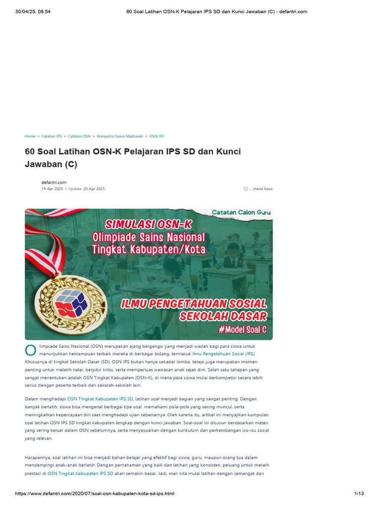 60 Soal Latihan OSN-K Pelajaran IPS SD Dan Kunci Jawaban (C) | PDF