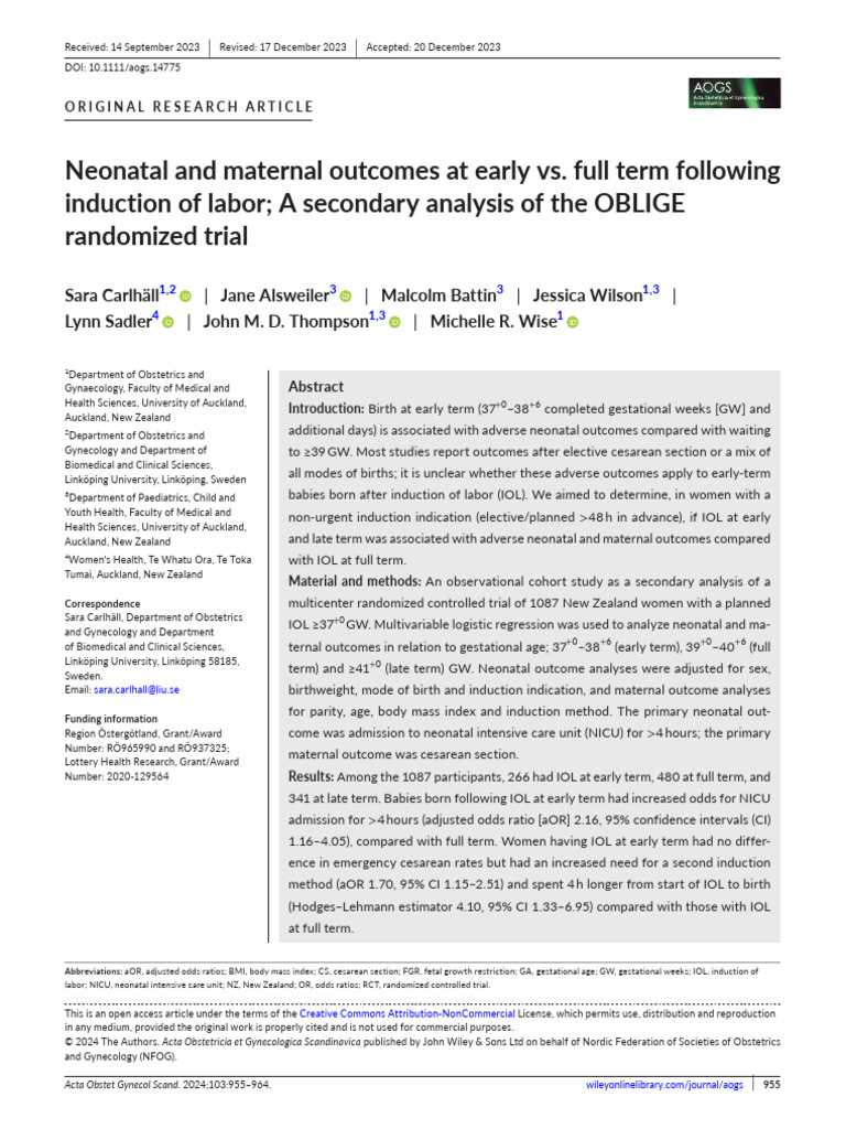 Neonatal and Maternal Outcomes at Early vs. Full Term Following ...