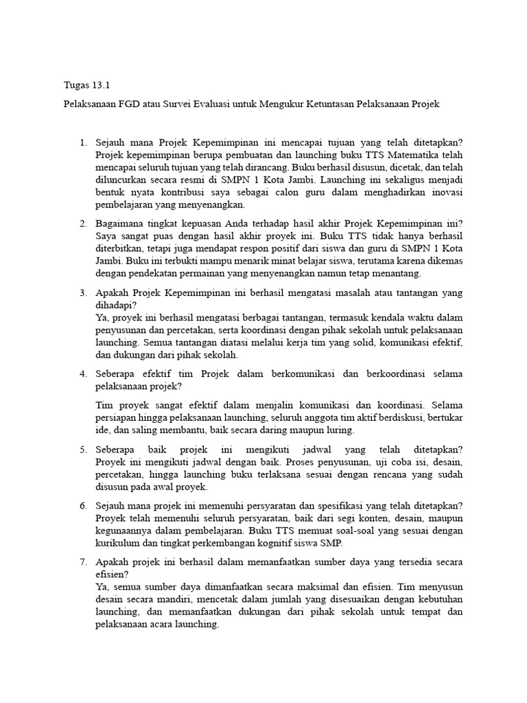 Tugas 13.1. Pelaksanaan FGD Atau Survey Evaluasi Untuk Mengukur ...