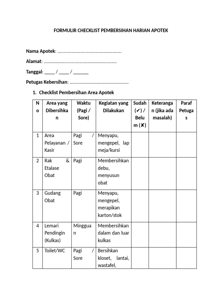 Formulir Checklist Pembersihan Harian Apotek | PDF