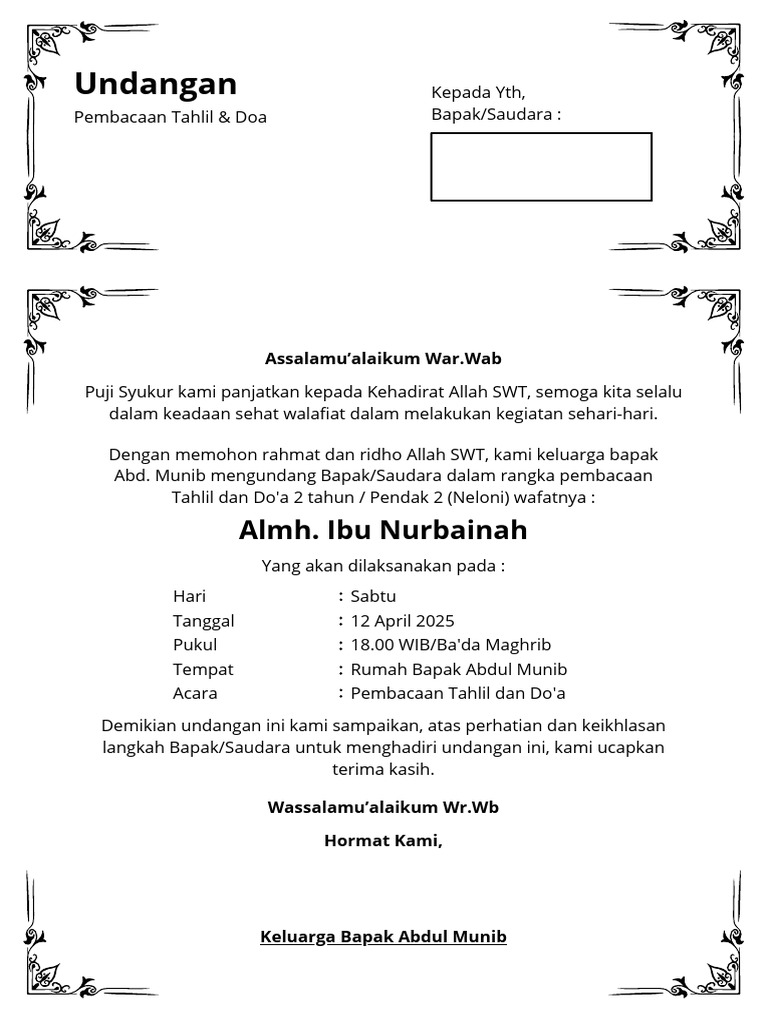 Putih Hitam Minimalis Klasik Undangan Yasin dan Tahlil (1) | PDF