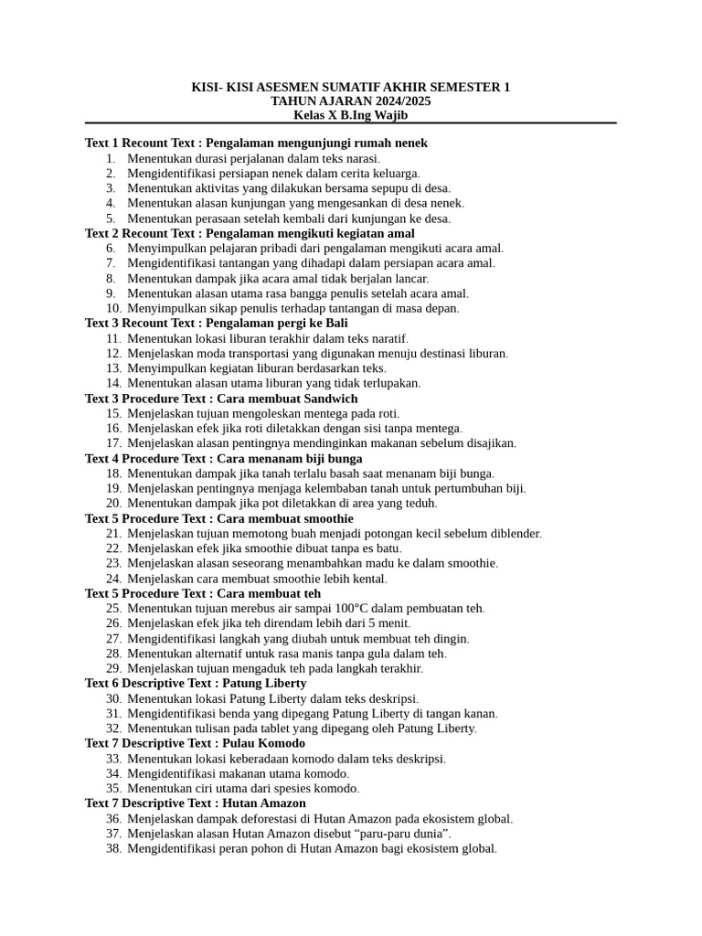 KISI-KISI KLS 10 B.ING 2024 SMT 1 | PDF